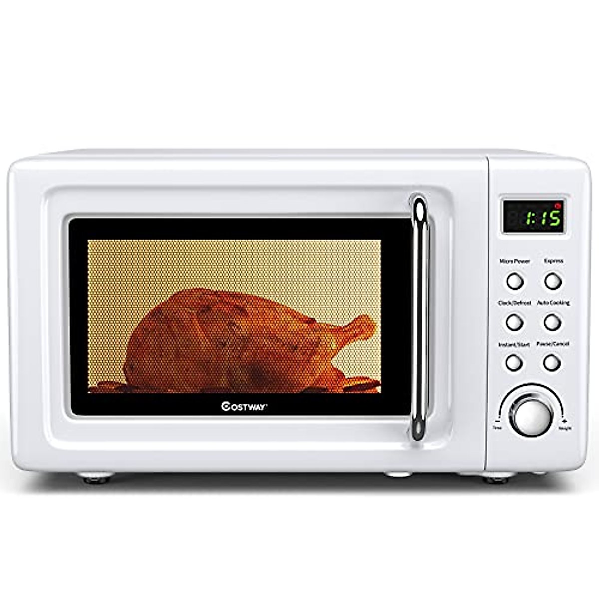 COSTWAY Retro Countertop Microwave Oven, 0.7Cu.ft, 700-Watt, High Energy Efficiency, 5 Micro Power, Delayed Start Function, with Glass Turntable & Viewing Window, LED Display, Child Lock (White)