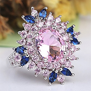 PAMTIER Women's Stainless Steel Pink Flower Ring with Zircon Gemstone Size 7