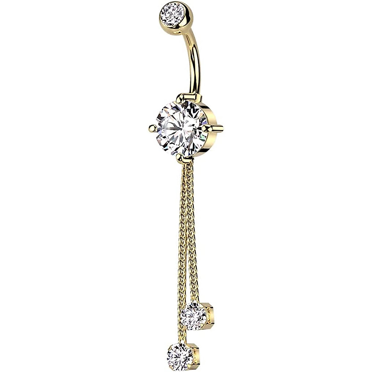 316L Surgical Steel Double Jeweled CZ With 2 Rope Chain Dangle Belly Button Ring (Gold)