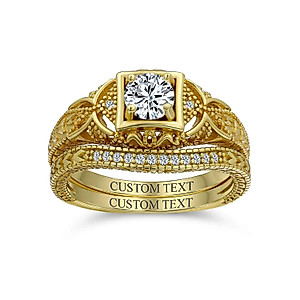 1CT Deco Style Solitaire Round AAA CZ Pave Contoured Band Engagement Wedding Ring Set 14K Gold Plated Sterling Silver