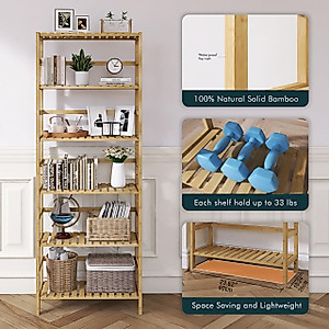 HITNET Bamboo Shelf, 6-Tier Adjustable Tall Open Bookcase, Bathroom Storage Rack Freestanding Shelving Unit, Plant Display Stand for Small Space, Natural