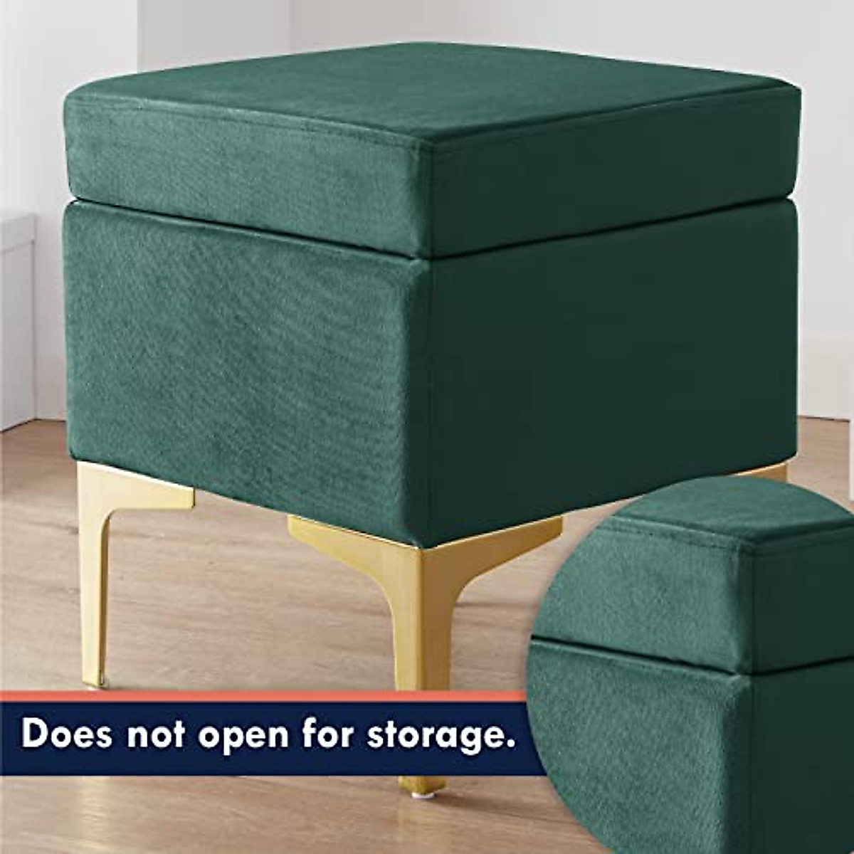 Ornavo Home Madison Modern Contemporary Square Upholstered Velvet Ottoman - Vanity Chair - Gold Metal Legs - Emerald Green