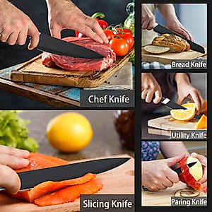 BEWOS Kitchen Knife Set, 5Pices Black Knife Set, Stainless Steel Kitchen Knives,Sharp and Ergonomic Knives for Kitchen,Dishwasher Safe