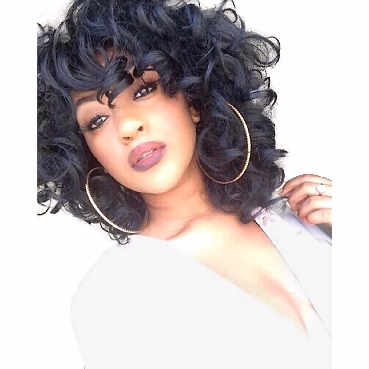 ELIM Curly Wigs for Black Women Short Kinky Curly Black Wigs for Women Big Curly Afro Soft Wig with Bangs Heat Resistant Natural Cute Synthetic Wig with Accessories Z014