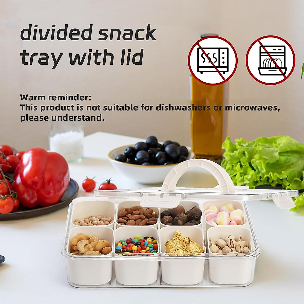 Beceto Divided Serving Tray with Lid and Handle, Snackle Box Container Snack Tray with Lid Candy Organizer Veggie Fruit Storage Containers for Fridge and Party Entertaining Picnic (8 Compartments)