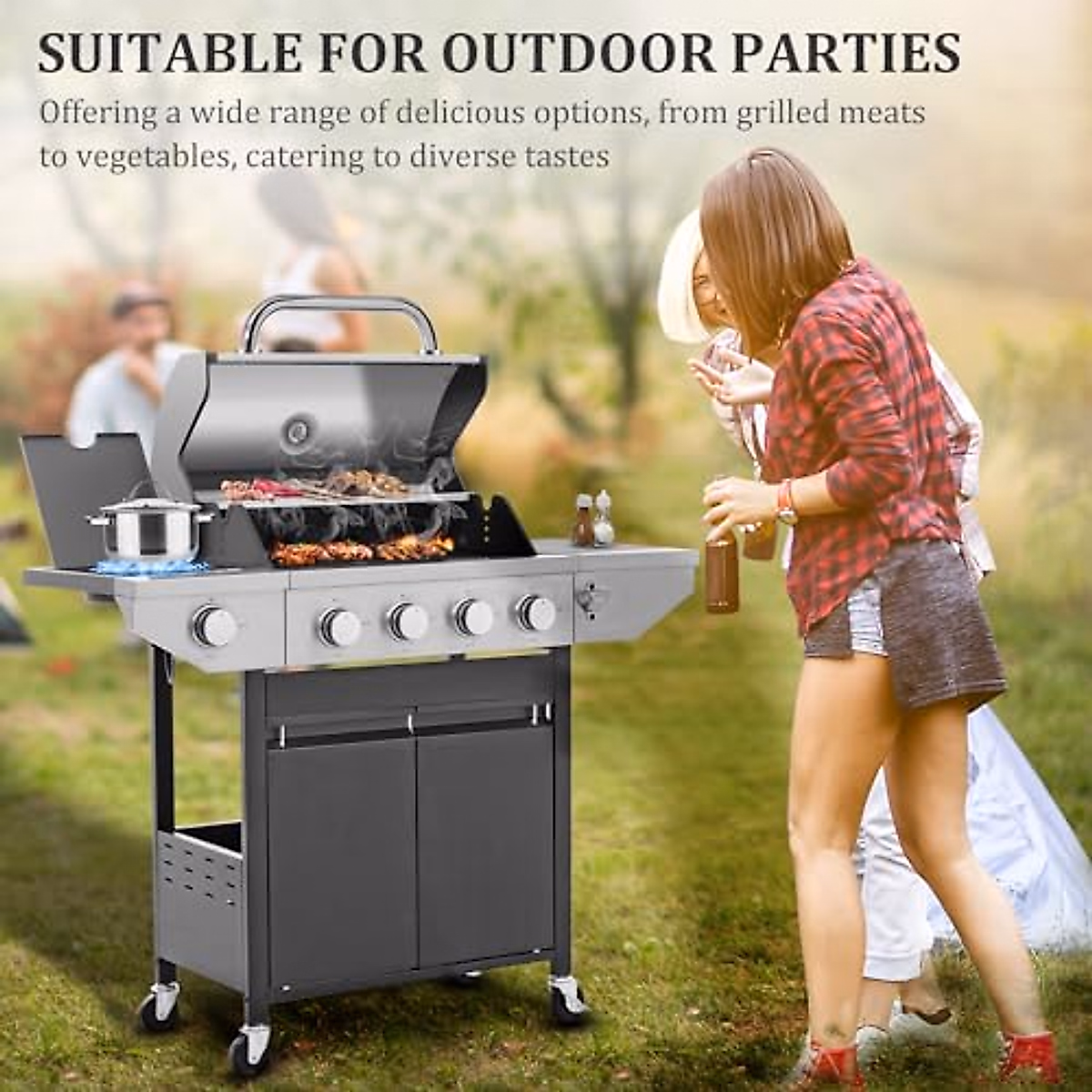 Unovivy 4-Burner Propane Gas BBQ Grill with Side Burner & Porcelain-Enameled Cast Iron Grates Built-in Thermometer, 47,000 BTU Outdoor Cooking, Patio, Garden Barbecue Grill, Black and Silver