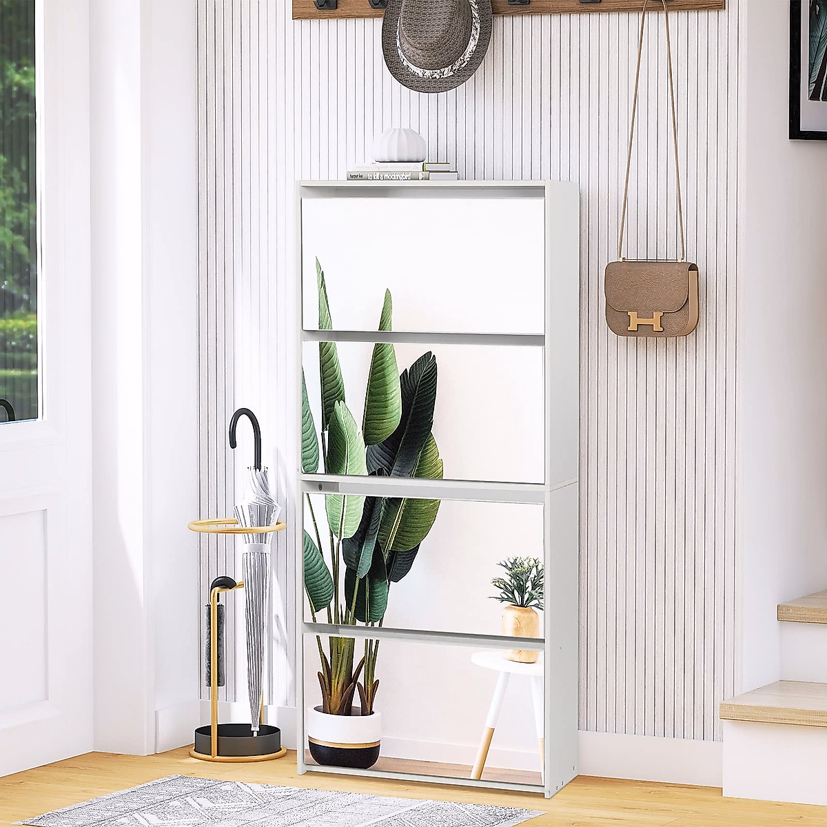 AODAILIHB White Shoe Cabinet for Entryway Slim, Narrow Freestanding Shoe Rack with 4 Flip Drawers&Mirror, Wood Shoe Storage Organizer for Closet, Apartment, and Corridor (Mirror Cabinet)