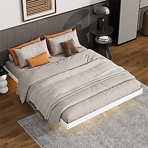 Dolonm Queen Size Bed Frame, Floating Bed Frame with LED Lights, Modern Low Profile Platform Bed Frame, Solid Pine Wood Slats Support, Noise Free, No Box Spring Needed, Easy Assembly, White