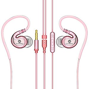JAAMIRA Sports Wired Earbuds in-Ear Earphones with Microphone &Volume Control -Bass &Noise Isolation Over Ear Headphones with 3.5mm Jack -for Android Phone iPhone Computer Gaming Workout IPX4 Pink
