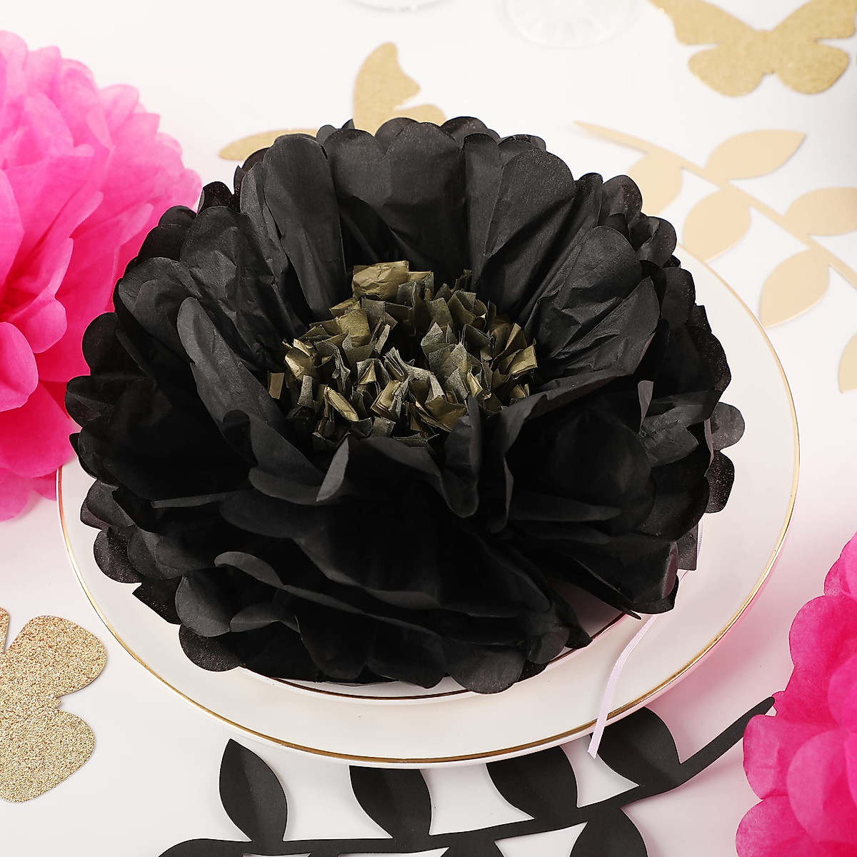 Fonder Mols Tissue Paper Flowers Pom Poms Blooms(Black & Hot Pink, 12pcs) for Bridal Shower Bachelorette Birthday Party Nursery Wall Decorations, Hot Pink and Black Party Decorations
