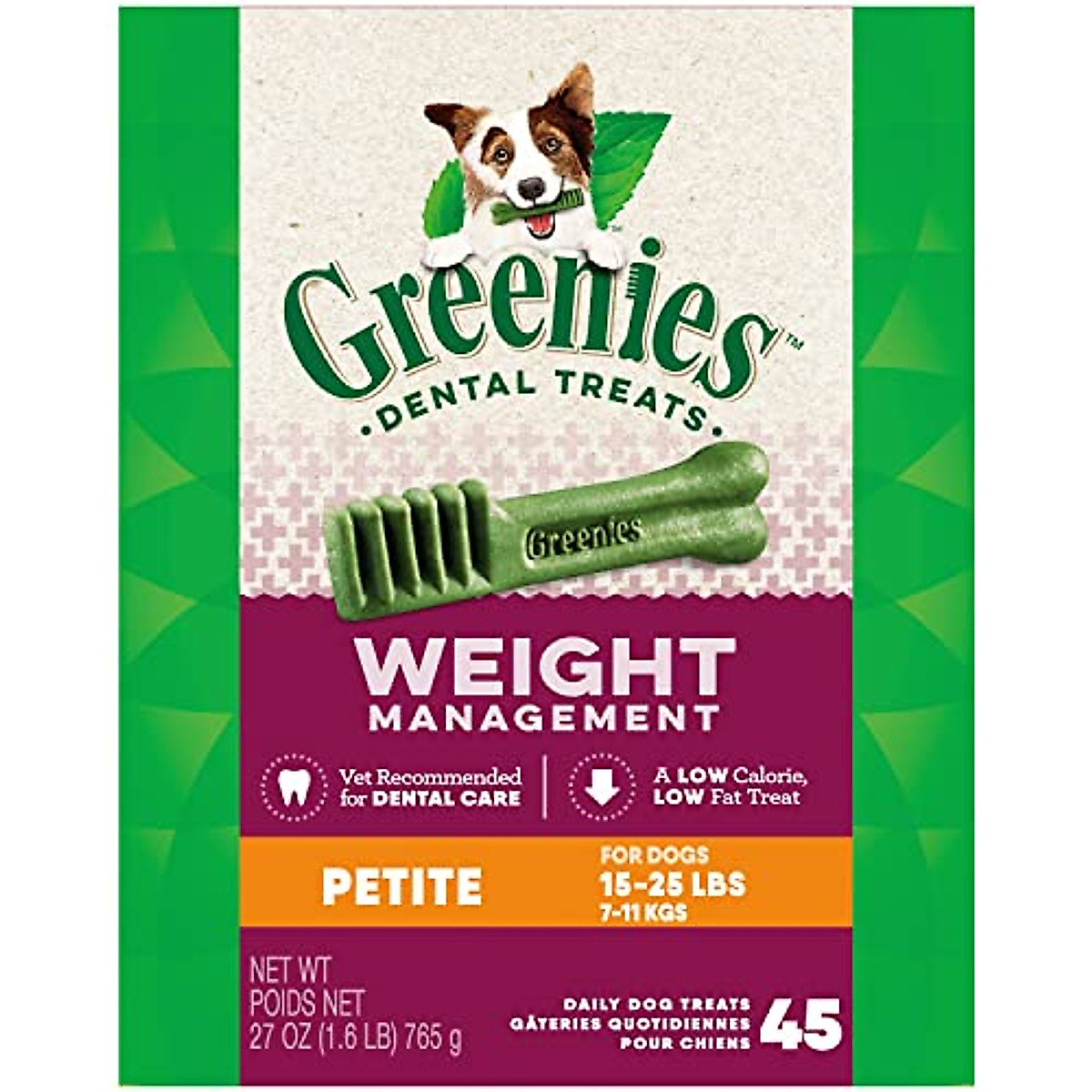 GREENIES Weight Management Petite Natural Dog Dental Care Chews Weight Control Dog Treats, 27 oz. Pack (45 Treats)