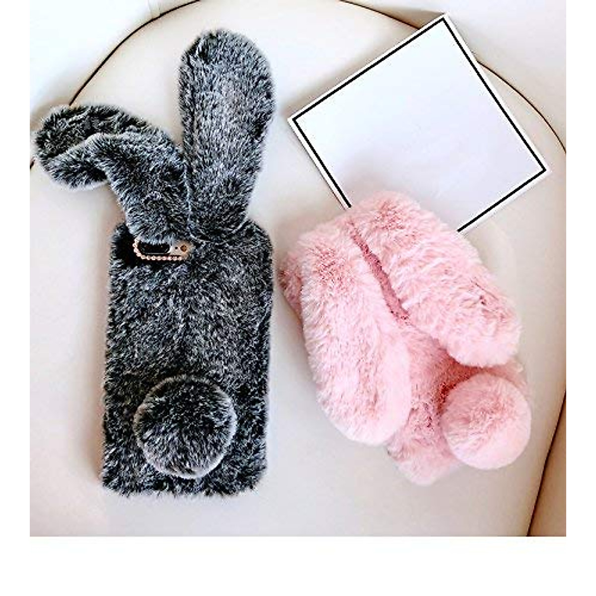 iPhone XR Rabbit Fur Case,Shinetop Bling Diamond Luxury Cute Soft Warm Fluffy Rex Rabbit Fur Case Winter Handmade Bunny Hair Plush with Crystal Bowknot Protective Cover for iPhone XR (2018) 6.1"-Pink