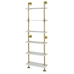 HEONITURE Industrial Gold Bookshelf-6 Tier Wall Mounted Ladder Bookshelf, Rustic Gold Storage Book Shelves Display Bookcases for Living Room/Home/Office