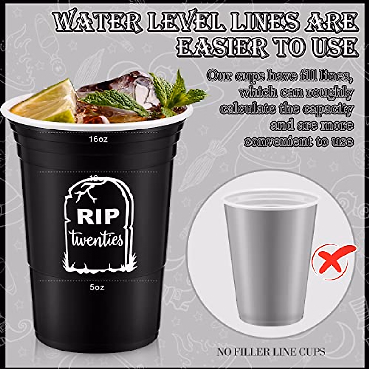 Rtteri 48 Pack Death to My 20s Disposable Party Thick Plastic Cups, 16 oz RIP to My 20s Birthday Decorations 30th Birthday Black Cups RIP Twenties Birthday Cups for 30th Birthday(White, Black)