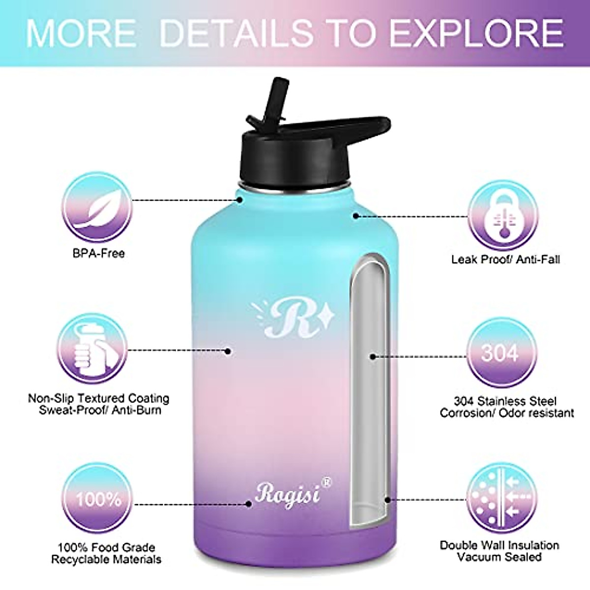 Insulated Half Gallon Water Bottle with Straw, Sleeve & 2 Lids, Rogisi 64oz Stainless Steel Gallon Water Jug Wide Mouth Vacuum Metal Thermo Mug with Carrier Keep Cold for 48 Hrs or Hot for 24 Hrs