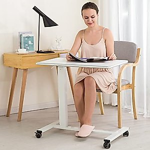TigerDad Pneumatic Adjustable Overbed Table with Gas Spring Riser | Medical Adjustable Bed Side Table with Wheels | Portable Standing Desk for Laptop Computer with Large Work Space 30.7"x 17"