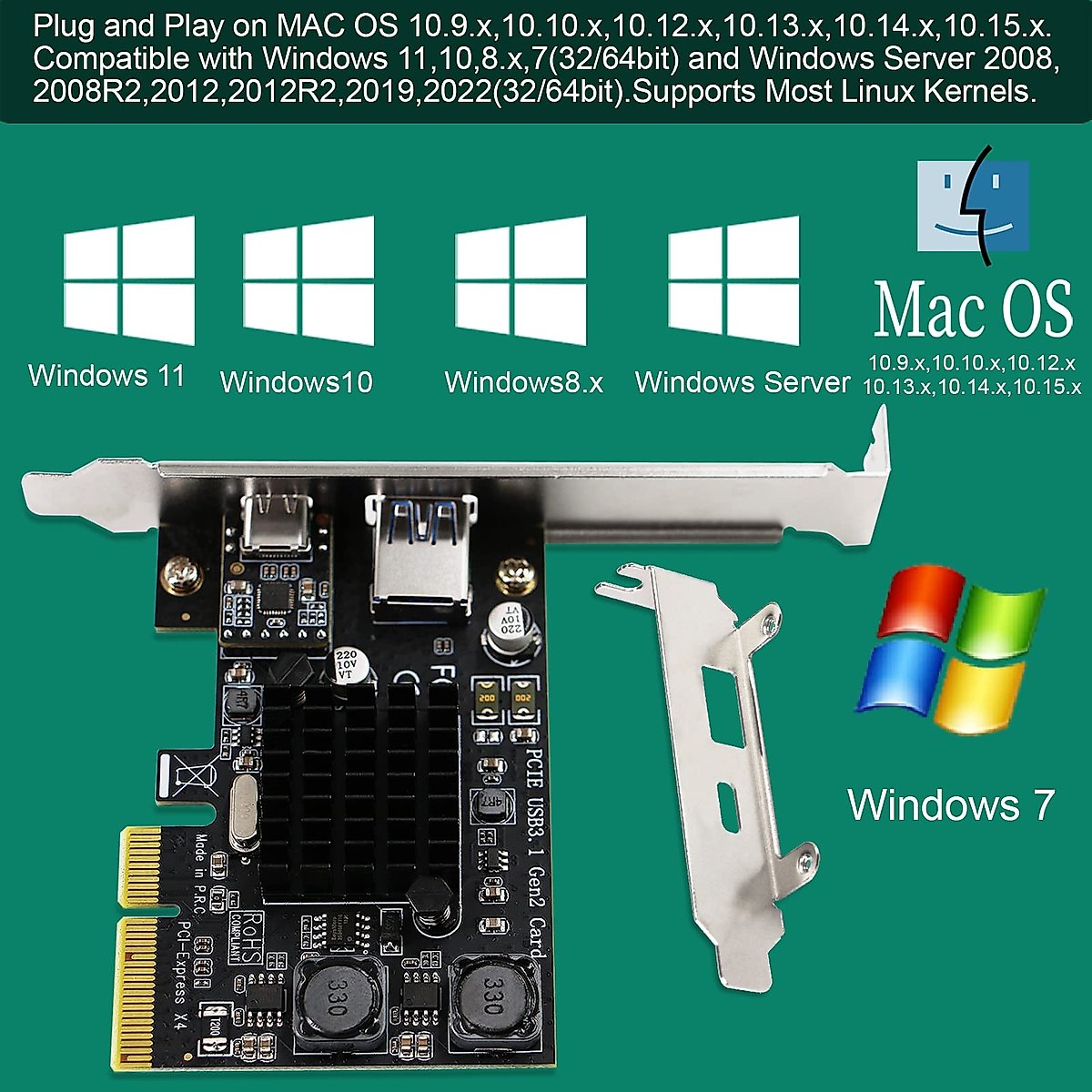 FebSmart 1X USB-A & 1X USB-C 10Gbps Ports PCIE USB 3.1 GEN2 Expansion Card for Windows 11, 10, 8.x, 7 (32/64bit), Windows Server, MAC OS and Linux PCs, Built in Self-Powered Technology (FS-AC-Pro)