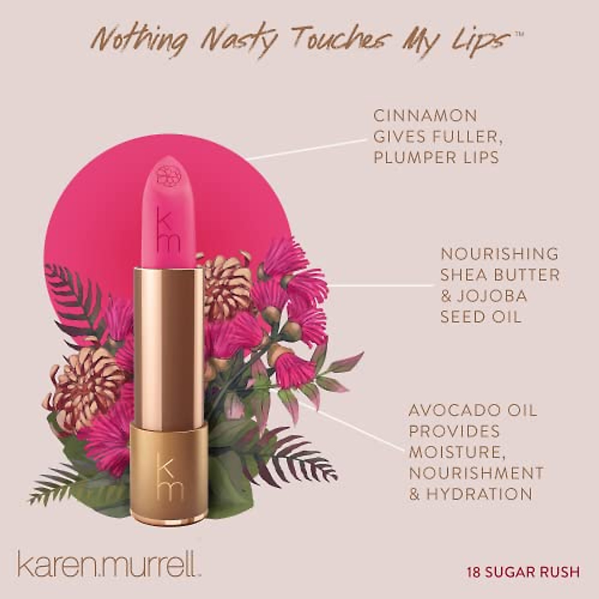 Karen Murrell Natural Lipstick - #18 Sugar Rush - Cream Finish, Bubble Gum Pink Color - Moisturizes & Hydrates Lips - Paraben & Cruelty Free