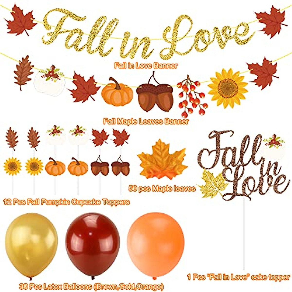 Autumn Bridal Shower Party Decorations, Fall in Love Banner Autumn Little Pumpkin Maple Leaves Acorn Party Cake Topper Balloon for Fall Theme Wedding Bachelorette Engagement Bride to be Valentines Day Party Supplies