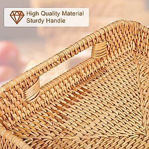 Akamino Rattan Tray with Rattan Coasters - 14.6''x12.2''x2'' Hand-Woven Wicker Basket Tray with Handles for Breakfast, Rectangular Decorative Serving Organizer for Coffee Table, Drinks, Fruit