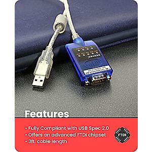 Gearmo USB to Serial RS-232 Adapter with LED Indicators, FTDI Chipset, Supports Windows 11/10/8.1/8/7/, Mac OS X 10.6 and Above