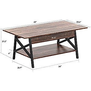 Yesker Farmhouse Coffee Table, Industrial Rustic Coffee Table Heavy Duty Two Tier Coffee Tea Table 45” with Shelf for Living Room, Accent Cocktail Table with Stronger Metal Frame Thicker Leg