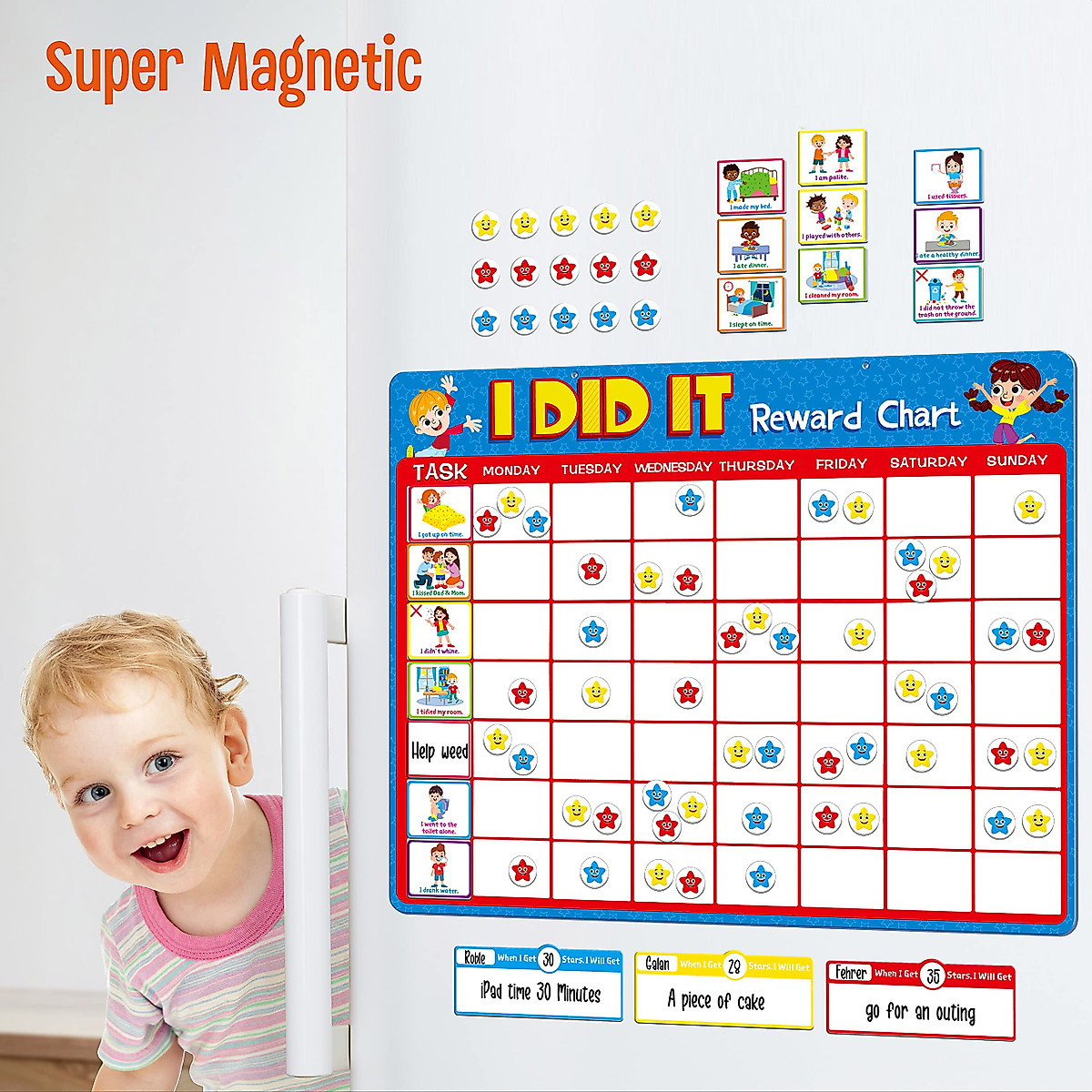 Magnetic Reward Chart, Dry Erase Kids Behavior Responsibility Task Board-84 Chores (including 7 Blanks), 272 Magnetic Stars, 8 Markers & 3 Name Cards-Good Behavior Daily Routine to motivate kids
