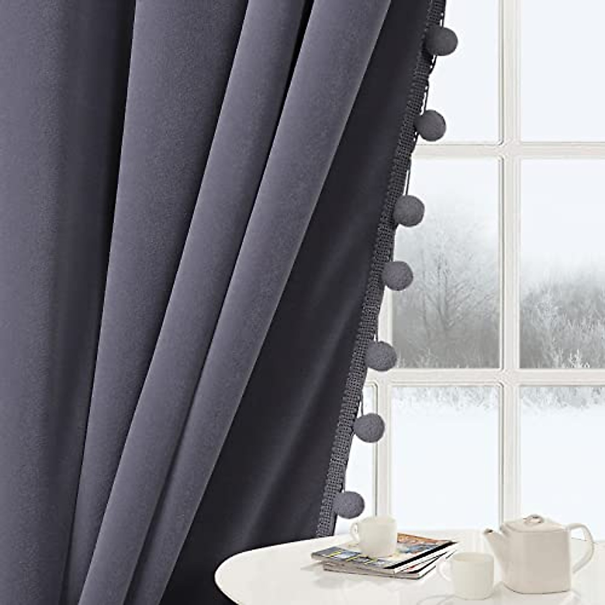 Haperlare Pom Pom Velvet Curtains 96 inches Long Heavy-Duty Room Darkening Velvet Drapes Thermal Insulated Home Decor Tasseled Window Treatment Set Panels for Living Room Bedroom, Grey, 2 Panels