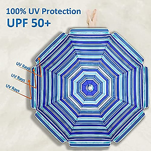 Beach Umbrella,LUHAHALU 7.5FT Beach Umbrellas for Sand Heavy Duty Wind Portable, UPF 50+ Sun Shelter with Tilt Sand Anchor and Carry Bag, Sunshade Umbrella for Patio Outdoor Garden Beach(Silver Coated Blue Striped)