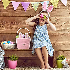 2Pcs Rabbit Easter Baskets for Kids,Hand Woven Cotton Rope Bunny Basket with Handle for Easter Stuffer & Egg Hunt, Decorations, Candy Gifts Storage (Pink & White)