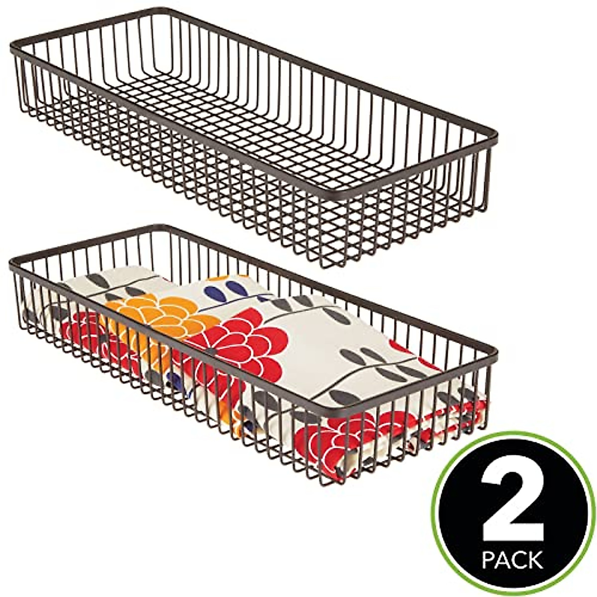 mDesign Metal Farmhouse Kitchen Cabinet Drawer Organizer Basket Tray, Shallow Storage Bin for Cutlery, Serving Spoons, Cooking Utensils, Appliances, Gadgets, Unity Collection, 15" Long, 2 Pack, Bronze
