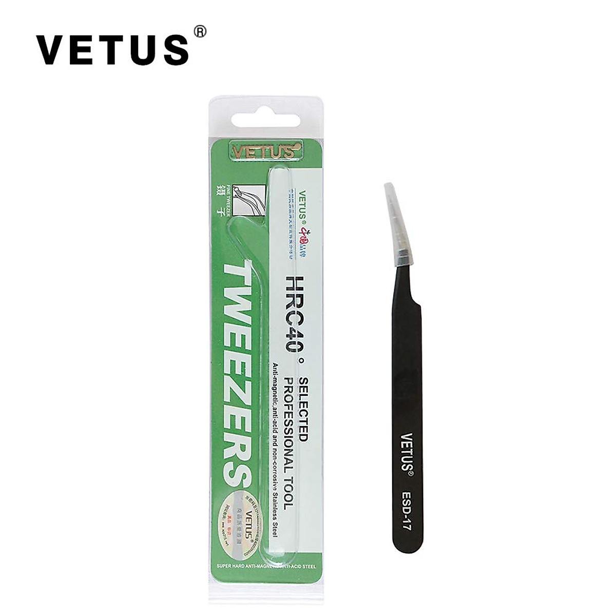 Vetus ESD Tweezers Pro Precision Curved Tweezer Anti-Static SMD Black Fine Tip Tweezer ESD-17