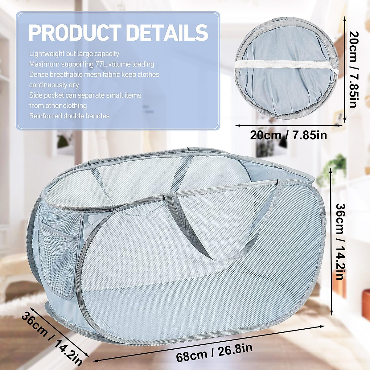 Hotipine 2PCS Mesh Laundry Hamper,Collapsible Laundry Baskets,75L Large Foldable Dirty Laundry Clothes Hamper Storage Basket Horizontal with Side Pocket&carry Handle for Home Travel grey Emerald