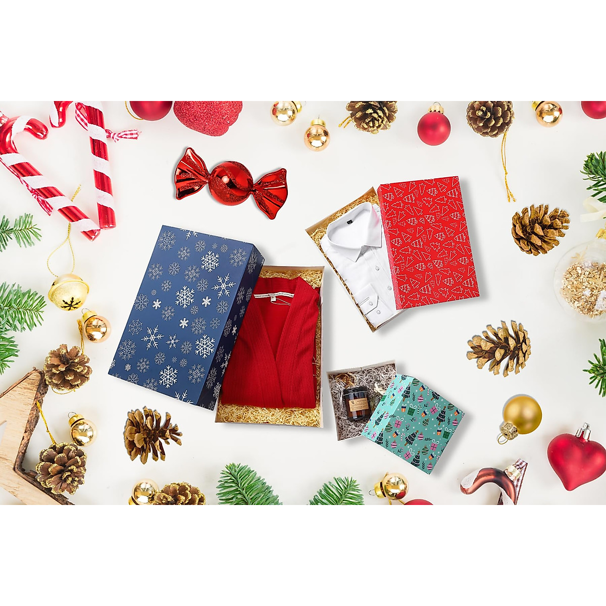 NUJOVI 13 Piece Christmas Gift Boxes with Lids - Beautiful Assorted Boxes for Wrapping Gifts with 4 inch Deep Robe Boxes and 8x8x4 Gift Box - Gift Boxes for Presents, Shirt, Robe, Lingerie, etc