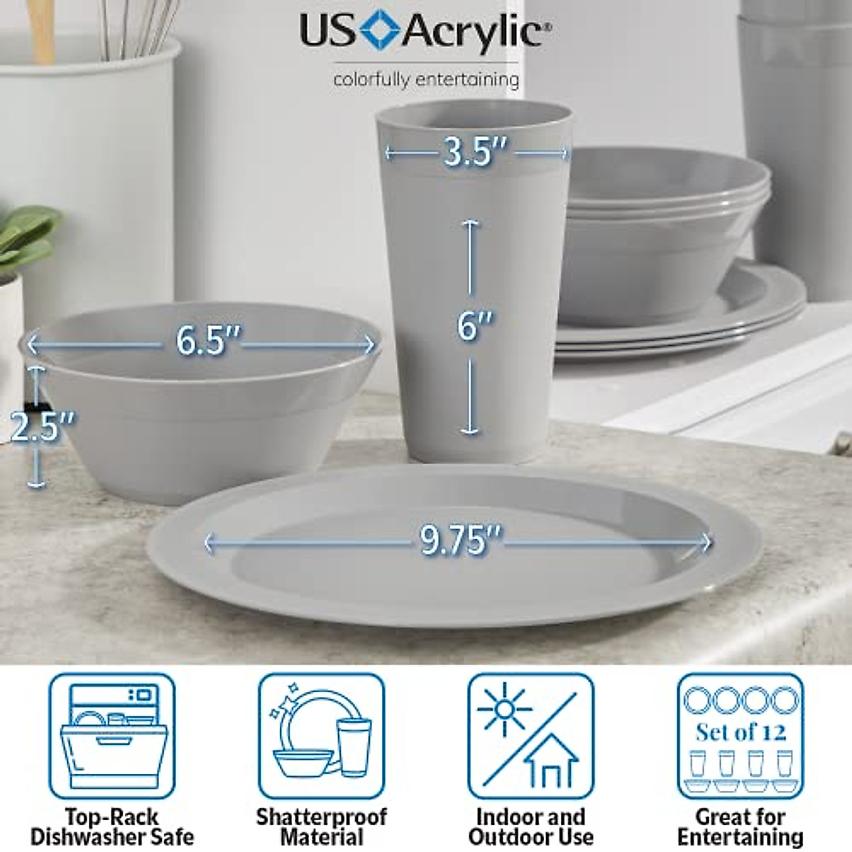 US Acrylic Newport Plastic Plate, Bowl and Tumbler Dinnerware Set for 4 in Grey Stone | 12-Piece Drinking and Dining Set | Reusable, BPA-free, Made in the USA, Top-rack Dishwasher Safe