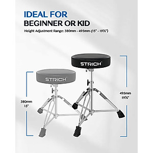 STRICH Drum Stool Set, Padded Seat Height Adjustable Drum Throne with 5A Drumsticks for Adults Beginner Drummers, SDB-10 Standard