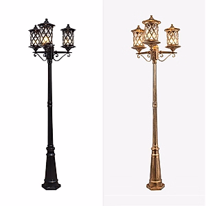 TQXDD Vintage 3-Heads Garage Landscape Street Light Outdoor Waterproof Courtyard Garden Pillar Lamp European Villa Home Retro Glass Post Lantern Aluminum High Pole Light Pathway