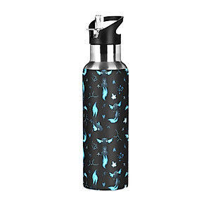 Yasala Axolotl Neon Blue Black Coffee Thermos Sport Water Bottle Stainless Steel Insulated Office Beverage Container 20oz with Straw Lid Back to School