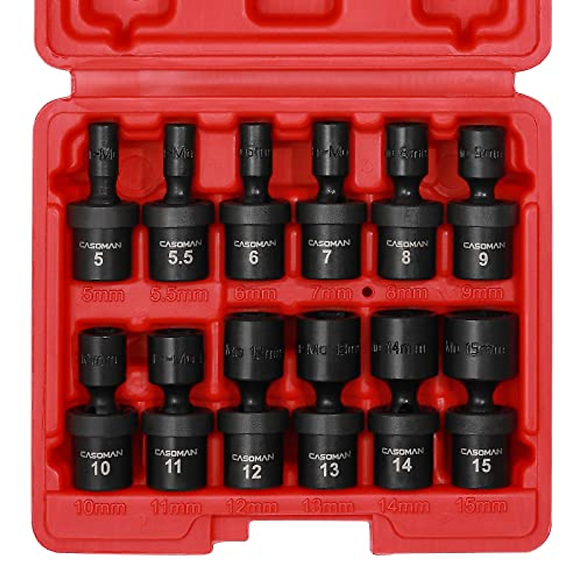 CASOMAN 1/4-Inch Drive Shallow Universal Impact Socket Set, Metric, 12 Pieces Set, 5mm to 15mm, 6-Point, Cr-Mo, Swivel Socket