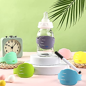 12 Pcs Baby Bottle Labels for Daycare, Silicone Daycare Bottle Labels Day Care Essentials Reusable Waterproof Water Bottle Name Bands in Shape Design with Marker Pens, 6 Colors (Dog Style)