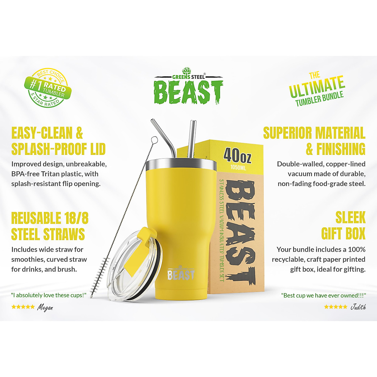 Beast 40 oz Tumbler Stainless Steel Vacuum Insulated Coffee Ice Cup Double Wall Travel Flask (Lemon)