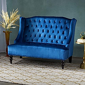 Christopher Knight Home Leora Traditional Tufted Velvet Wingback Loveseat, Navy Blue / Dark Brown