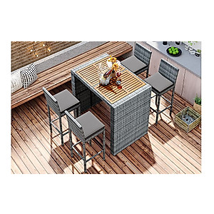 Tidyard 5-Pieces Outdoor Patio Wicker Bar Set, Bar Height Chairs with Non-Slip Feet and Fixed Rope, Removable Cushion, Acacia Wood Table Top Dining Set for Garden Patio Balcony