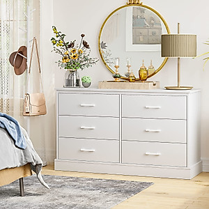 Hasuit White 6 Drawer Double Dresser for Bedroom, Wood Storage Tower Clothes Organizer, Wide Chest of 6 Drawers, Large Storage Cabinet, Dresser with Sturdy Base for Bedroom, Hallway, Entryway