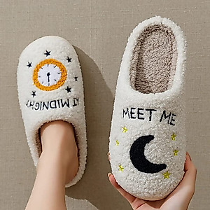DakinFu Unisex Meet Me at Midnight Slippers Fuzzy Warm House Slippers Winter Indoor Outdoor Shoes White 43-44