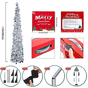 MACTING Christmas Pop up Tree with 50 LED Lights 5FT Silver Collapsible Easy-Assembly Coastal Glitter Tinsel Pencil Tree for Porch Apartment Corner Home Holiday Party Christmas Decorations