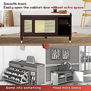 Anbuy Shoe Storage Bench for Entryway with Rattan Door, Rattan Shoe Rack Bench entryway Bench, Shoe Cabinet with Soft Cushion, Holds 300 lb, 31.5 x 13.78 x 19.1 inches (Red Brown)
