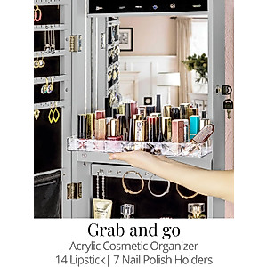 LUXFURNI LED Jewelry Organizer, Standing Jewelry Storage Cabinet with Full-Length Mirror, Lockable Jewelry Armoire with Drawers, Grey, 60.2''H*18.7''L*14.4''W (STELLA6GS)