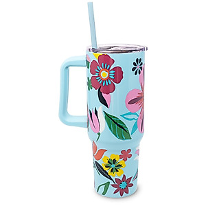 kate spade new york 40 Ounce Tumbler with Handle and Straw, Double Wall Stainless Steel Insulated Cup, Cupholder Friendly 40 oz Cup, Metal Drinking Cup for Hot or Cold Drinks (Safari Floral)