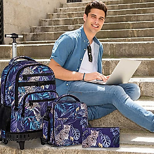 ZLYERT 3PCS Rolling Backpack for Girls, Travel Wheeled Backpacks for Adults, Teens College Roller Bookbag with Wheels for Women - Blue